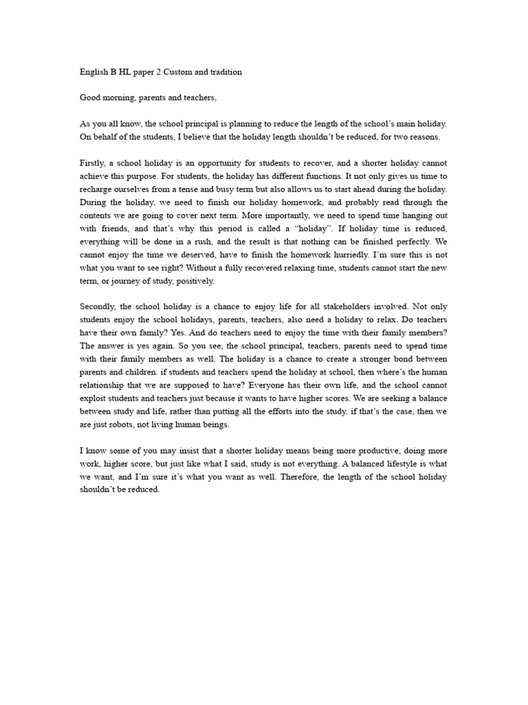 English B HL Paper 2 Custom and Tradition | PDF | Wellness