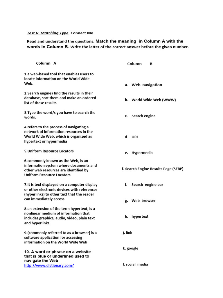 Test II Grade 7 Matching Type | PDF | Computers