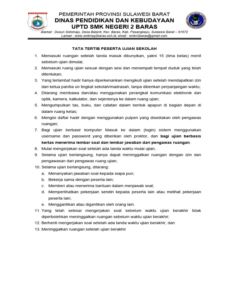 TATA TERTIB PESERTA UJIAN SEKOLAH Dan List | PDF