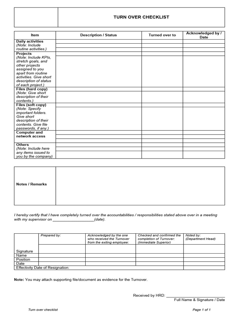 Turn Over Checklist - Revised 2022 | PDF