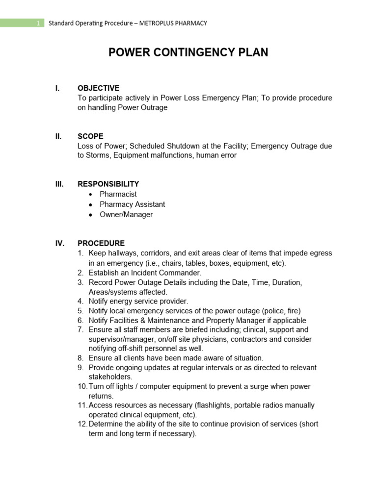 SOP Power Contingency Plan | Download Free PDF | Pharmacy