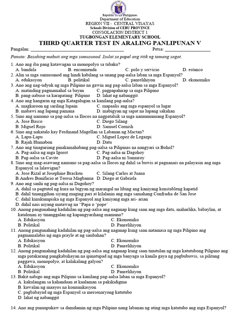 Araling Panlipunan V Test Paper 3rd | PDF