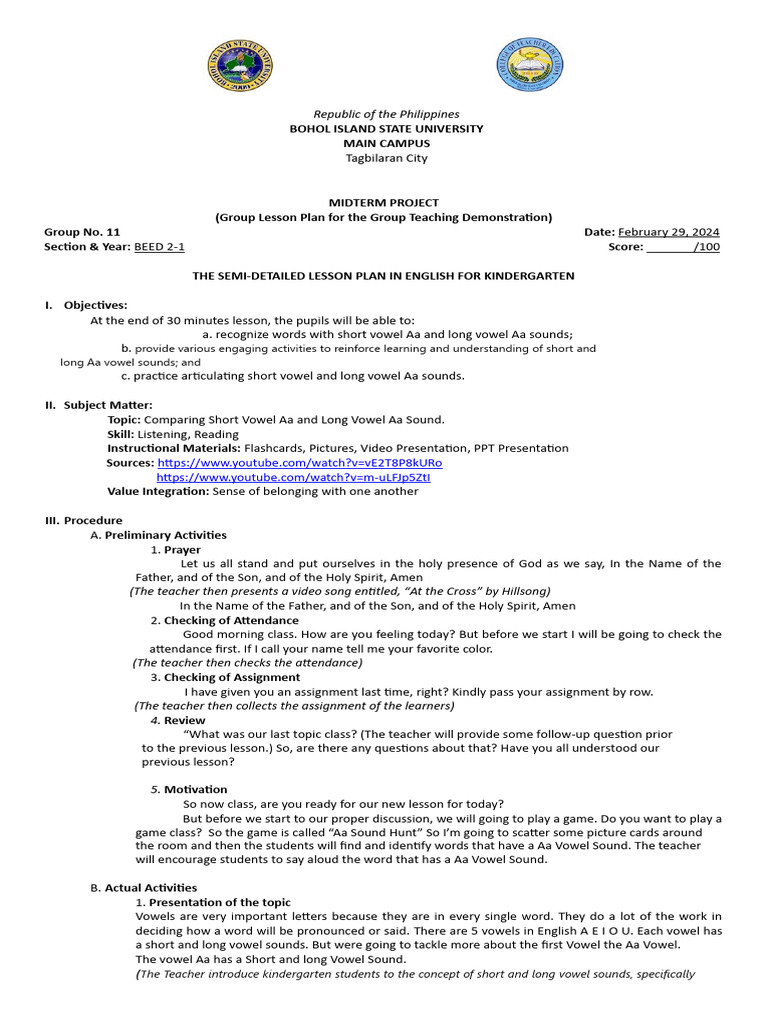 KINDER Lesson Plan in Teaching English | PDF | Vowel | Lesson Plan