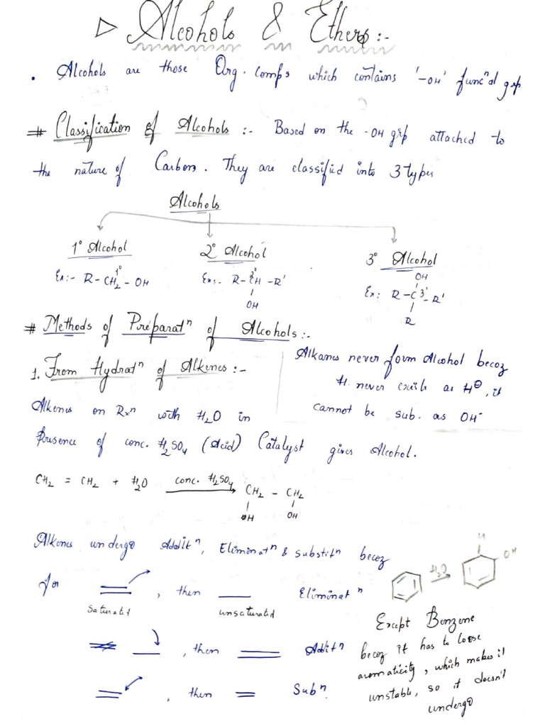 Alcohols and Ethers Class Notes | PDF