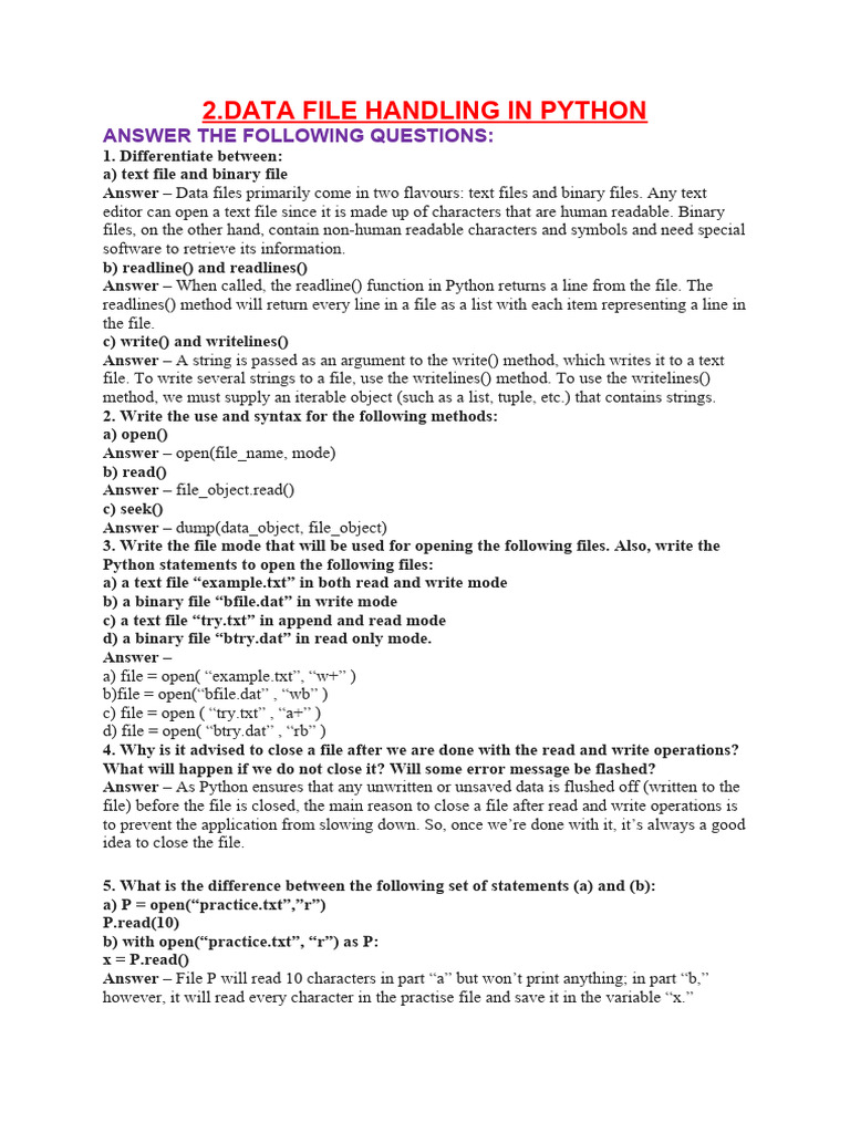 Data File Handling in Python W.S (C.S) | Download Free PDF | Integer ... Data File Handling in Python W.S (C.S) | Download Free PDF | Integer ...