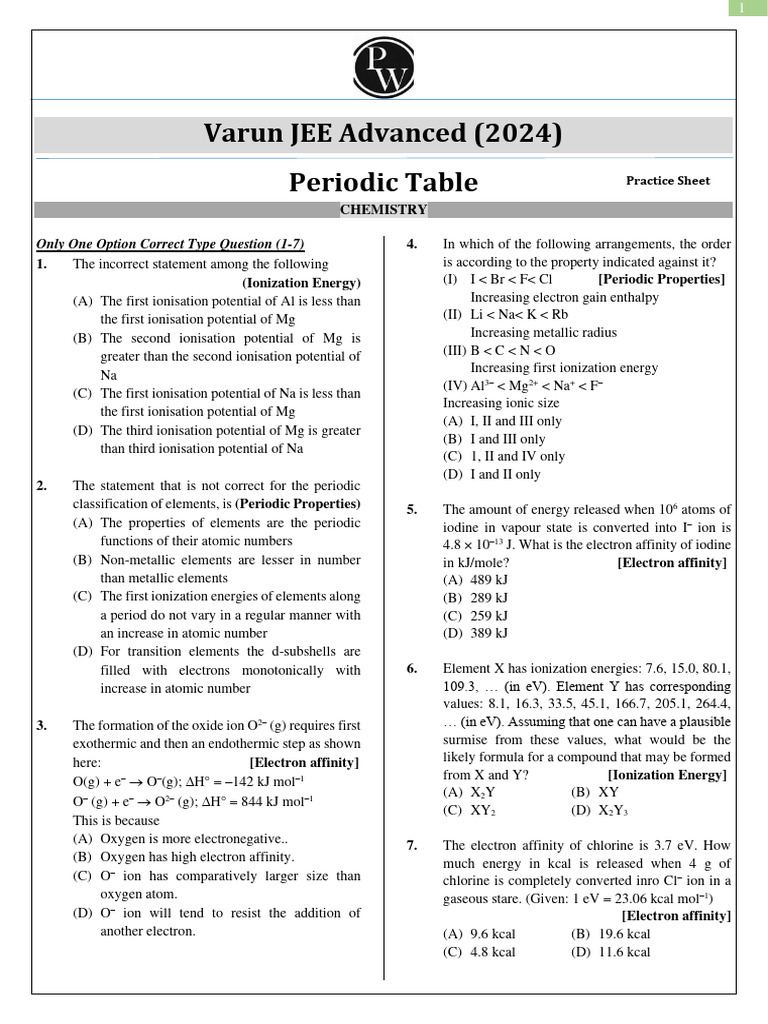 Periodic Table - Practice Sheet - Varun JEE Advanced 2024 | PDF ...