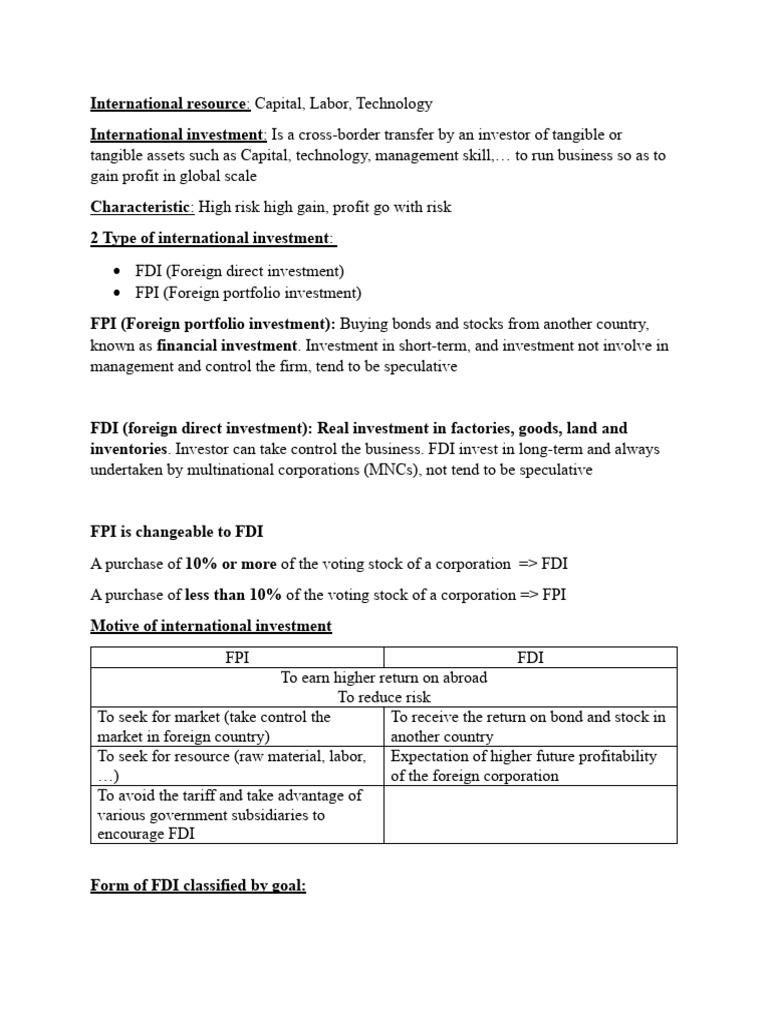 Overview of International Investment Types | PDF | Foreign Direct ...