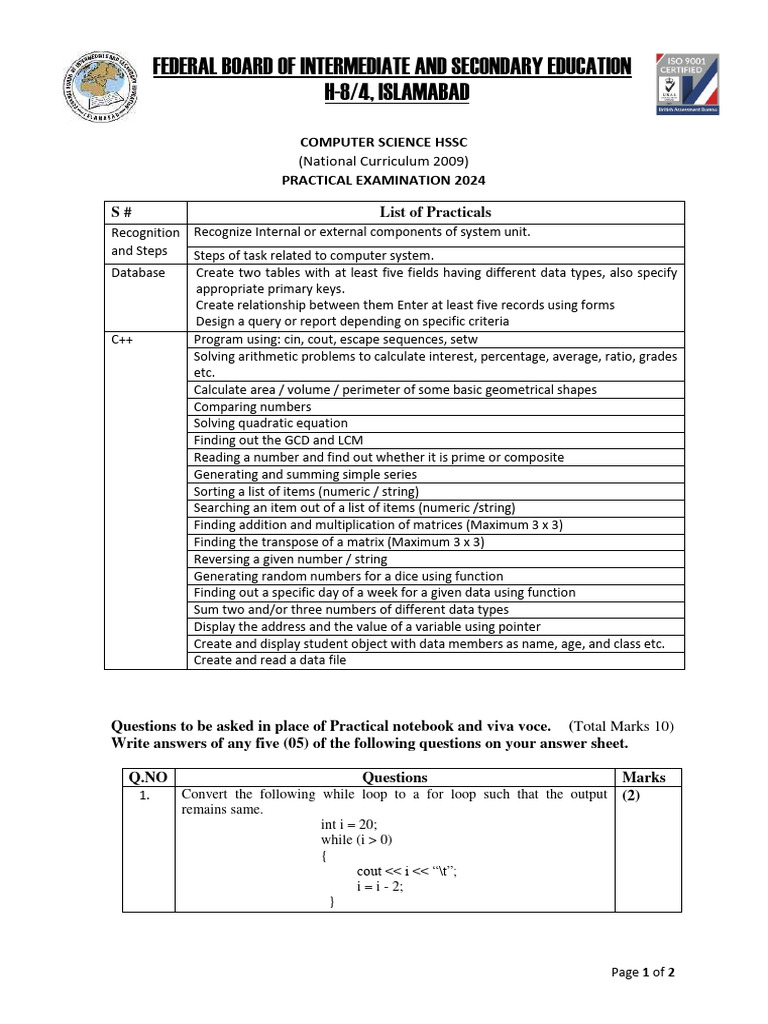Hssc Computer Science List Of Practical And Questions Pdf Matrix Mathematics Pointer 0302
