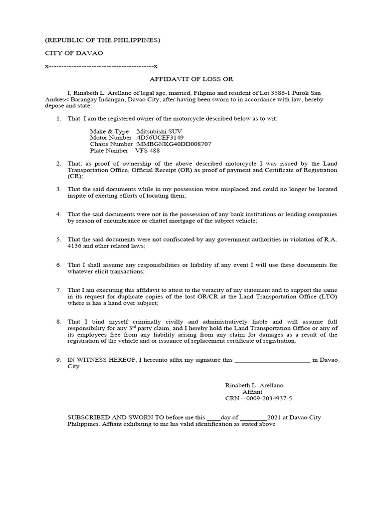 Affidavit of Loss LTO VFS 488 | PDF