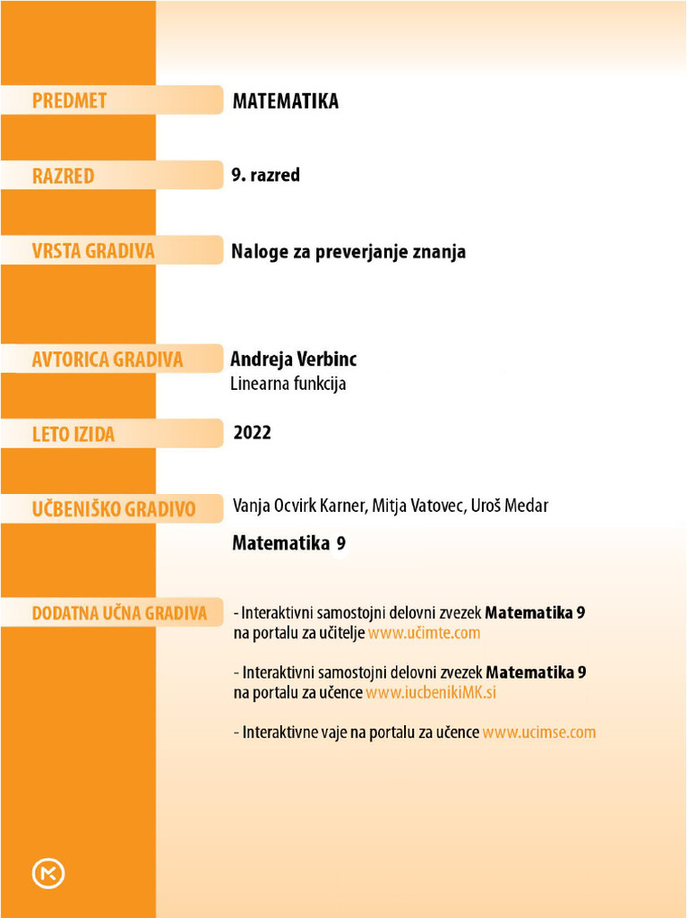 2262 - Preverjanje 9r Linearna Funkcija | PDF