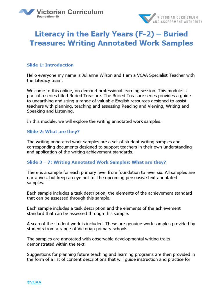 Literacy in The Early Years (F-2) - Buried Treasure: Writing Annotated Work Samples | Download ...