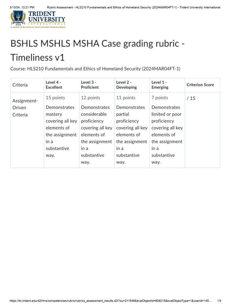 Rubric Assessment Hls210 Fundamentals and Ethics of Homeland Security ...
