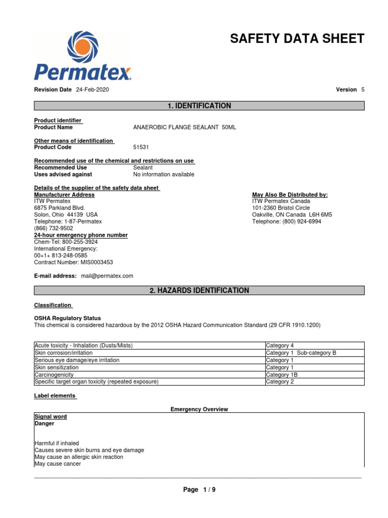 Permatex 51531 TDS | PDF | Toxicity | Personal Protective Equipment