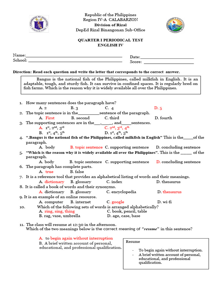 English IV Periodical Test - Rizal | PDF | Rainbow