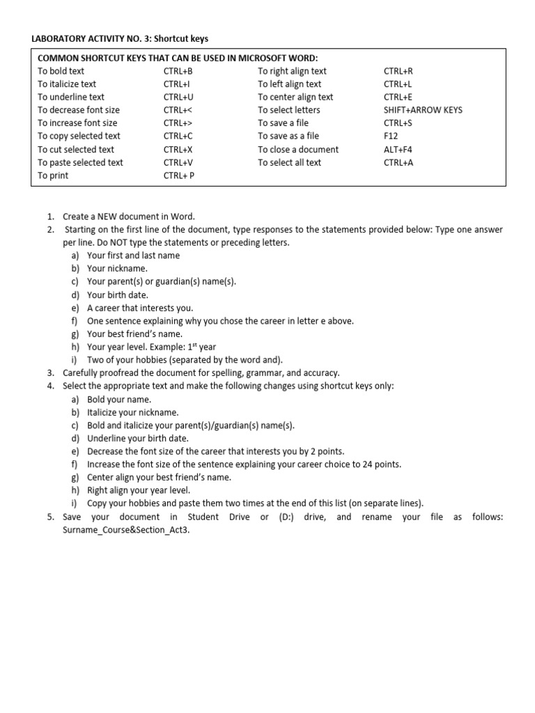 Prelim Lab Act No3 Shortcut Keys | PDF | Language Arts & Discipline ...