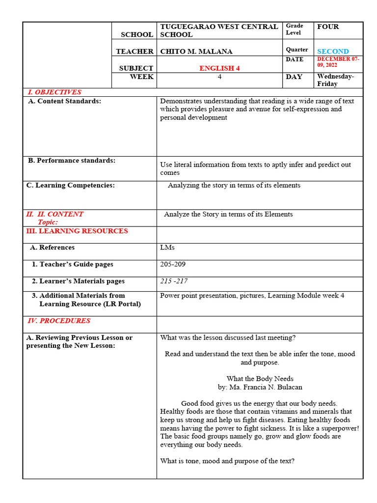 English 4 Lesson Plan: Story Elements | PDF | Cats