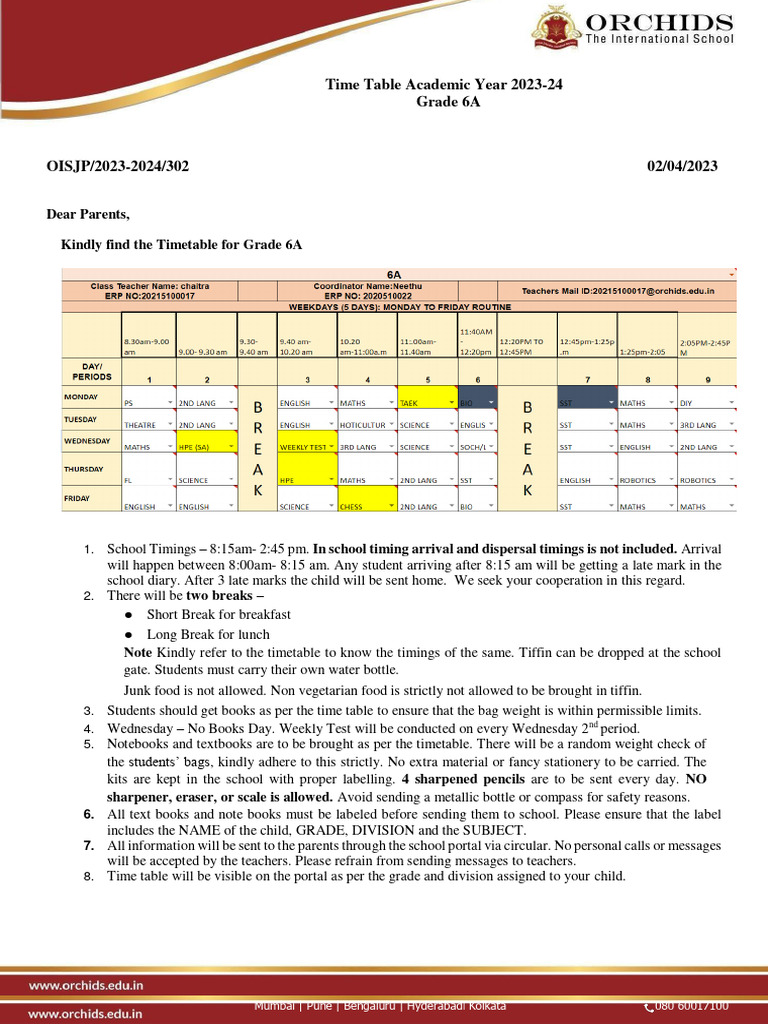 Time table_Grade 6A | PDF