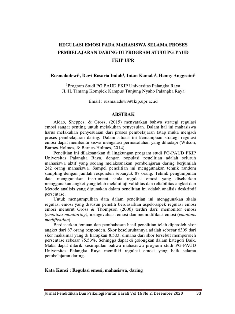 Regulasi Emosi Pada Mahasiswa Selama Proses Pembelajaran Daring Di Program Studi Pg-Paud Fkip ...