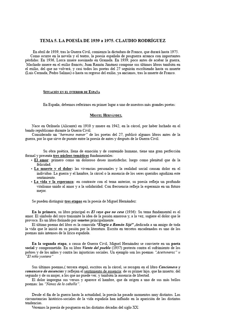 Tema 5 La Poesía de 1939 A 1975 Claudio Rodríguez Española de Posguerra - pdf-342 | PDF | Poesía