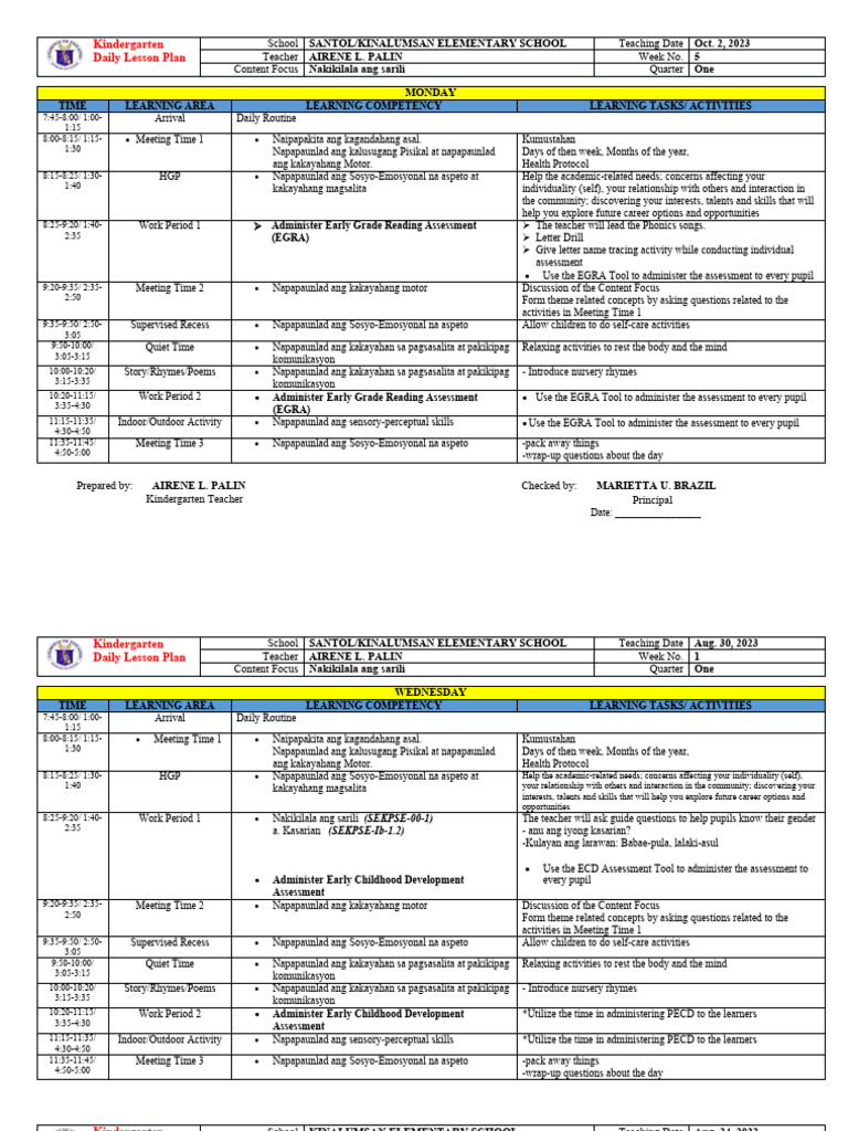 KINDER LESSON PLAN- QUARTER 1 WEEK 1 | PDF | Teachers | Lesson Plan