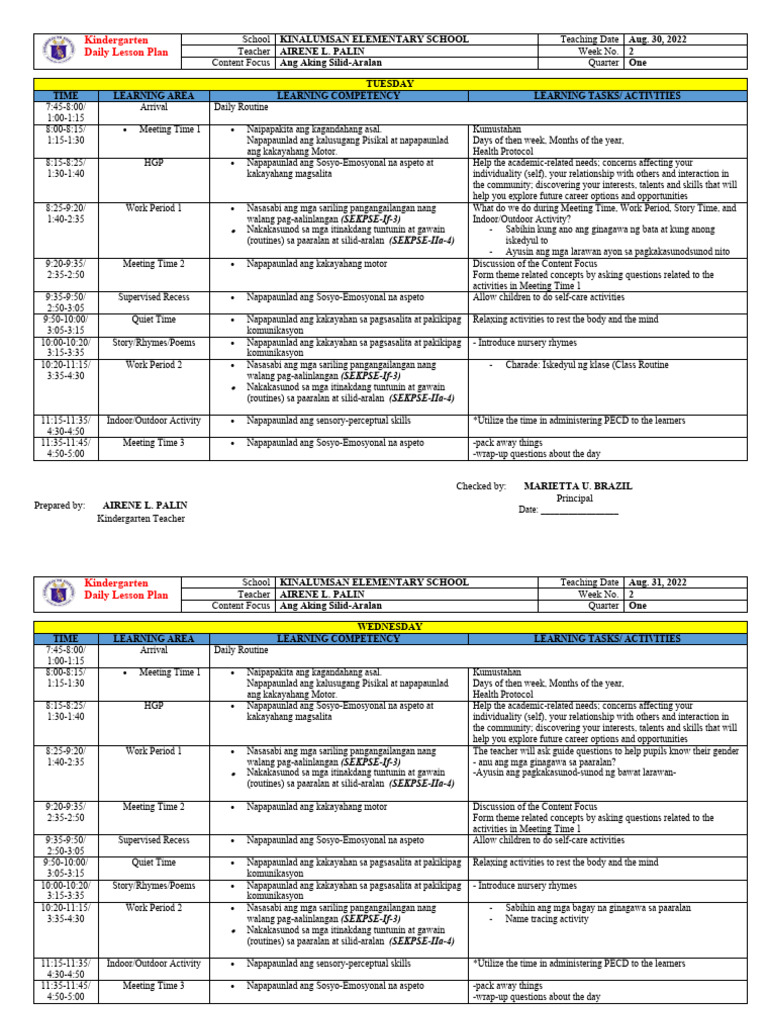 KINDER LESSON PLAN- QUARTER 1 WEEK 2 | PDF | Teachers | Lesson Plan