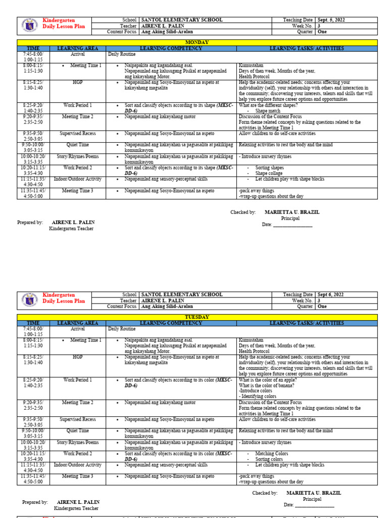 Kinder Lesson Plan - Quarter 1 Week 3 | PDF | Teachers | Lesson Plan