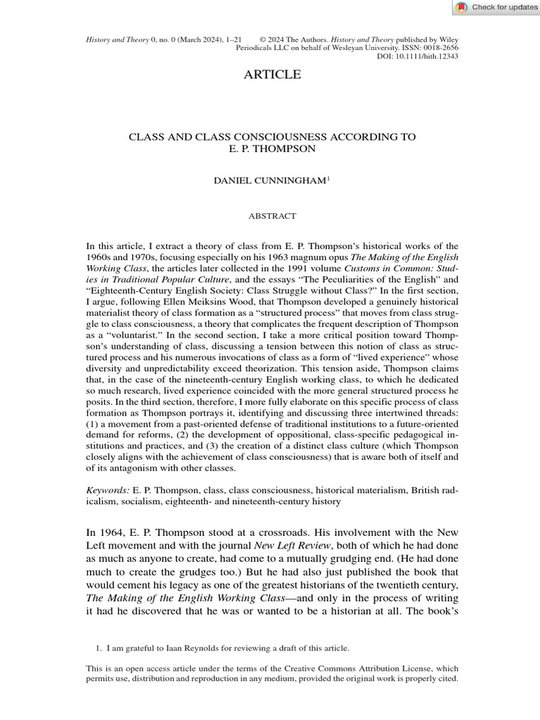 Cunningham-Class and Class Consciousness E. P. Thompson-2024 | PDF ...