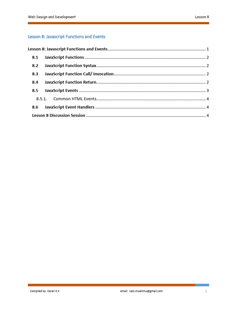 Lesson 8 Javascript Functions And Events Pdf Java Script Parameter Computer Programming