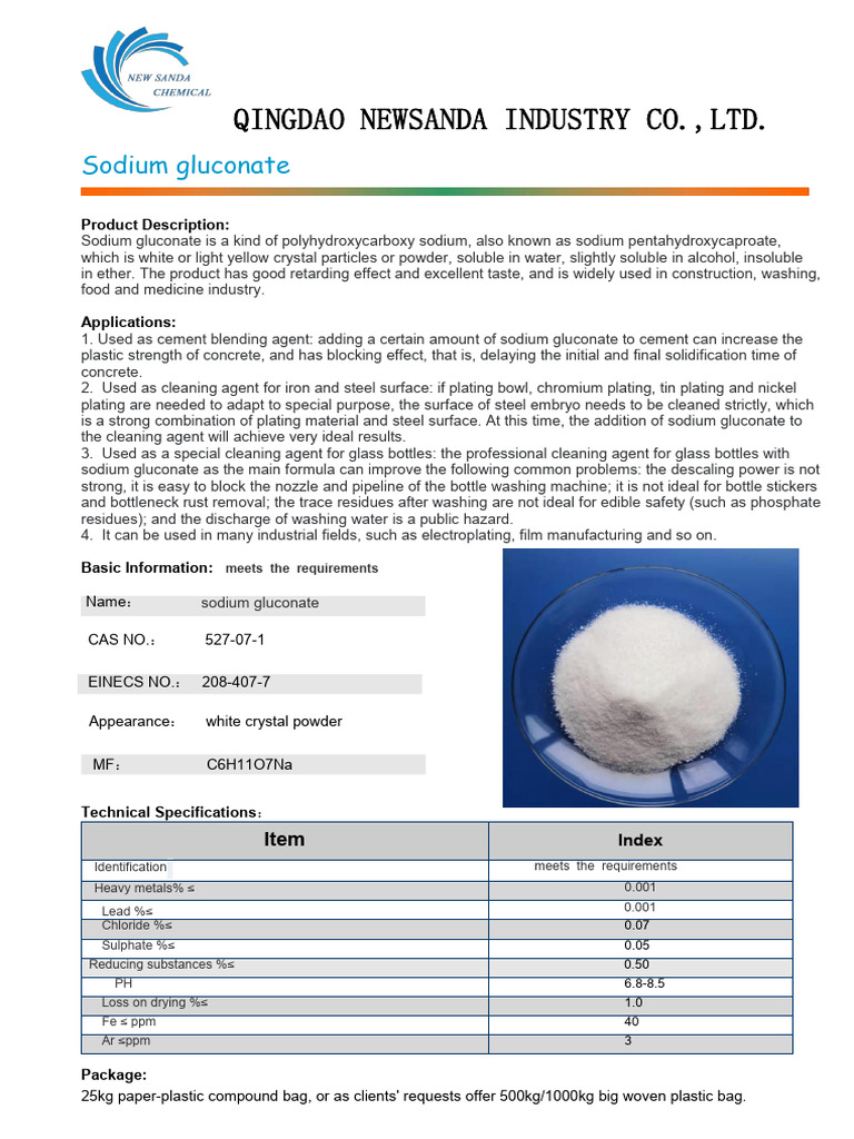 Sodium Gluconate TDS | PDF | Sodium | Concrete