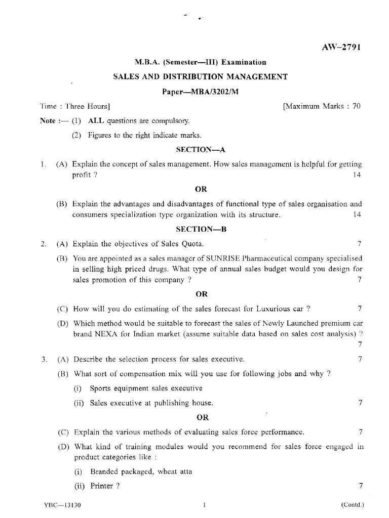 Sales and Distribution Management Exam | PDF | Sales | Strategic Management