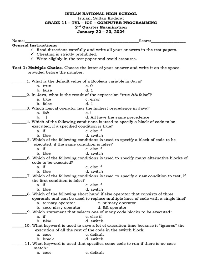 Grade 11 Programming 2ND Quarter Exam | PDF | Control Flow | C (Programming Language)