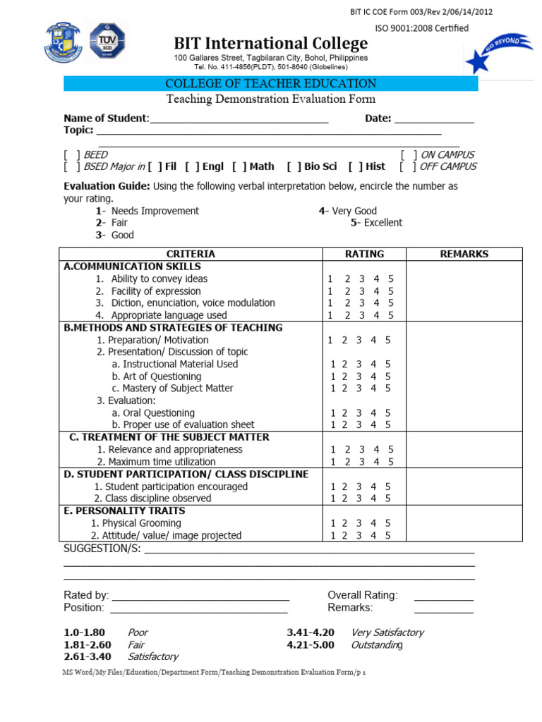 Form 3 Teaching Demonstration Evaluation Form2 | PDF | Human ...