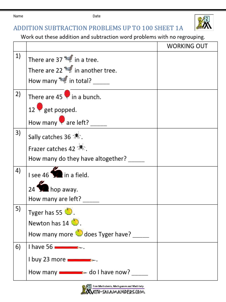 Addition Subtraction Word Problems Up To 100 1a | PDF | Teaching ...