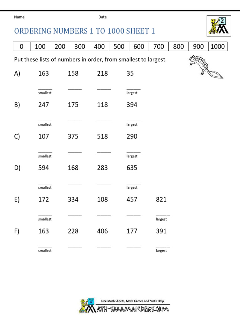 Ordering Numbers 1 1000 1 | PDF
