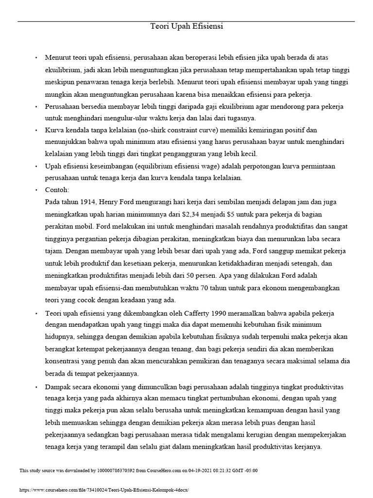 Teori Upah Efisiensi Kelompok 4 | PDF