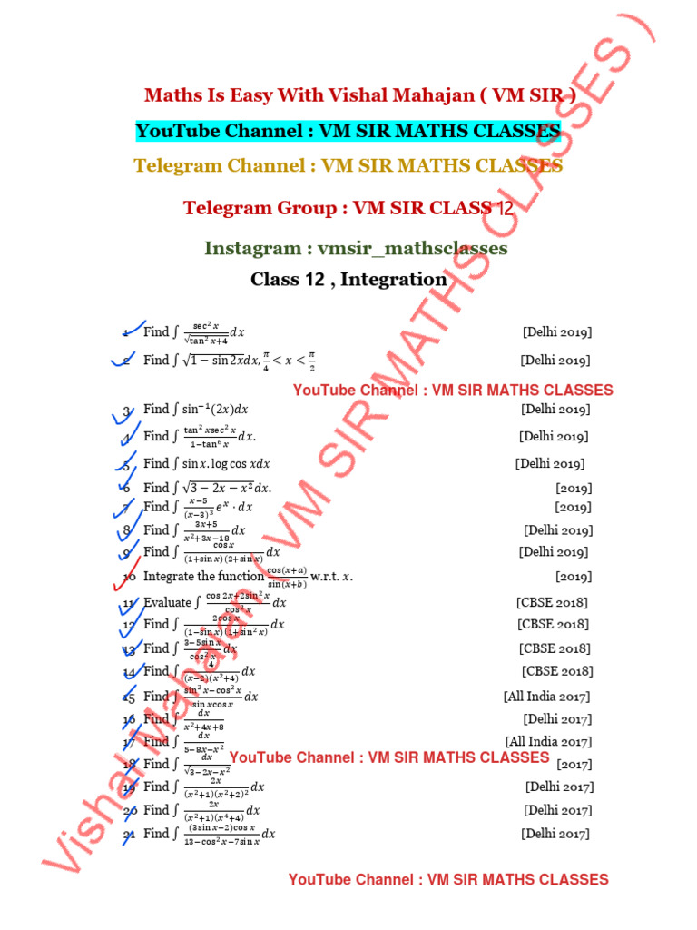 Class 12 Indefinite Integration PYQ S Q | PDF
