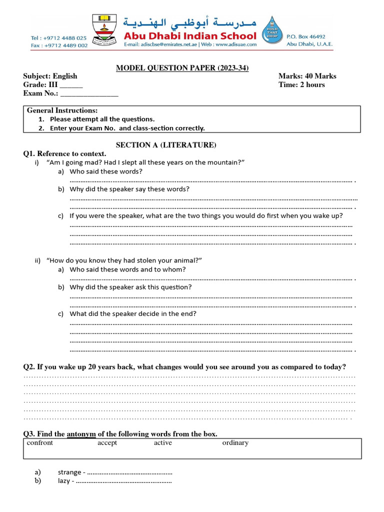 Model Question Paper | PDF | Verb | Language Mechanics