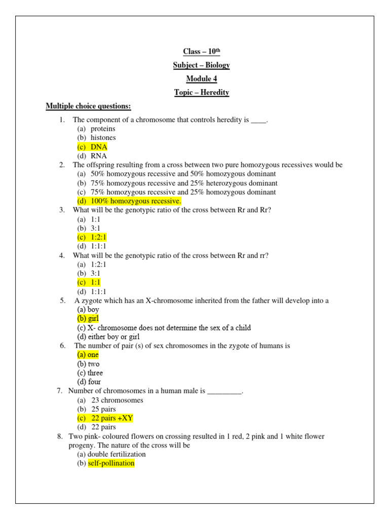 10th Biology Assignment Module 4 - HEREDITY | PDF | Dominance (Genetics ...