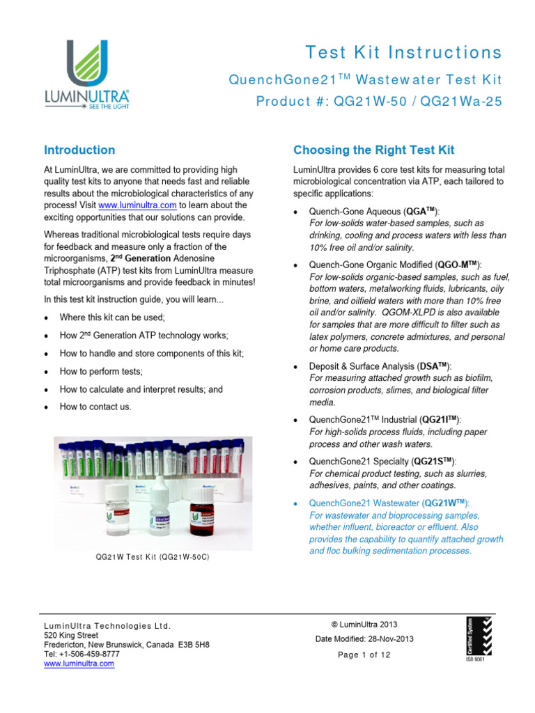 LuminUltra QG21W Test Kit Instructions EN | PDF | Anaerobic Digestion ...