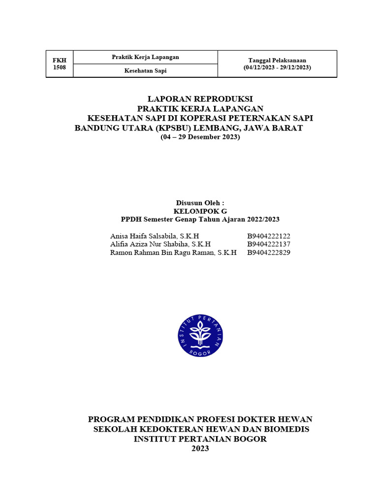 Laporan Sapi Perah - Repro - PPDH G - KPSBU Lembang | PDF