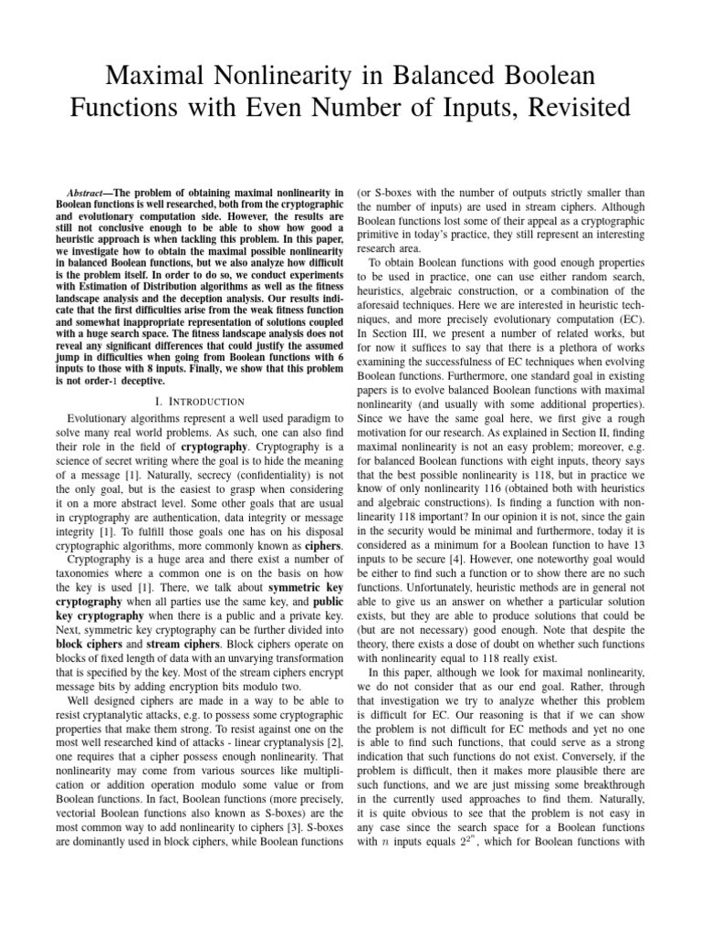 Maximal Nonlinearity in Balanced Boolean | PDF | Cryptography | Key (Cryptography)