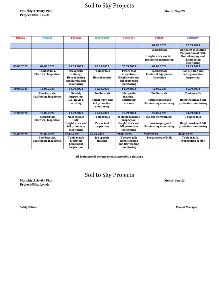 Soil to Sky Monthly Safety Plan - Sep 2023 | PDF | Occupational Safety ...