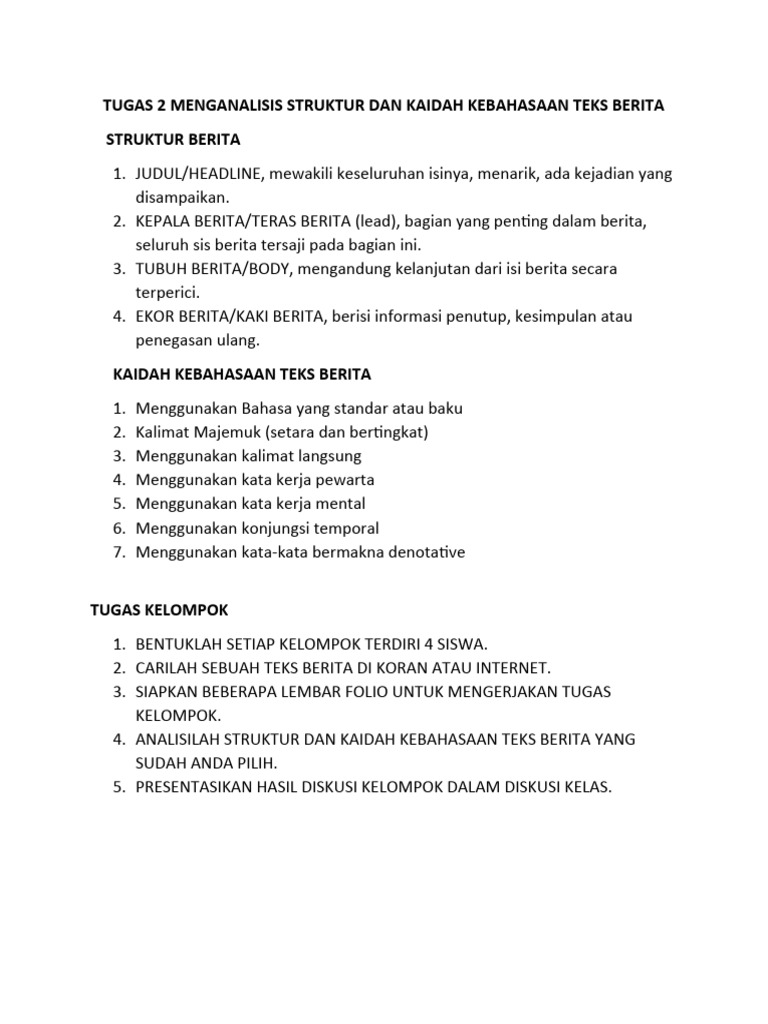 Tugas 2 Menganalisis Struktur Dan Kaidah Kebahasaan Teks Berita | PDF | Kajian Bahasa Asing