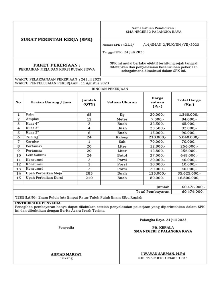 Spk Perbaikan Meja Kursi Rusak Pdf