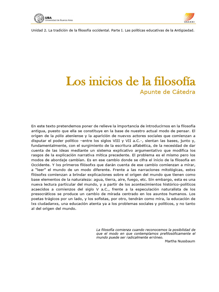 Unidad 2. Parte I. Los Inicios de La Filosofía (Campus) | PDF | Antigua Grecia | Platón