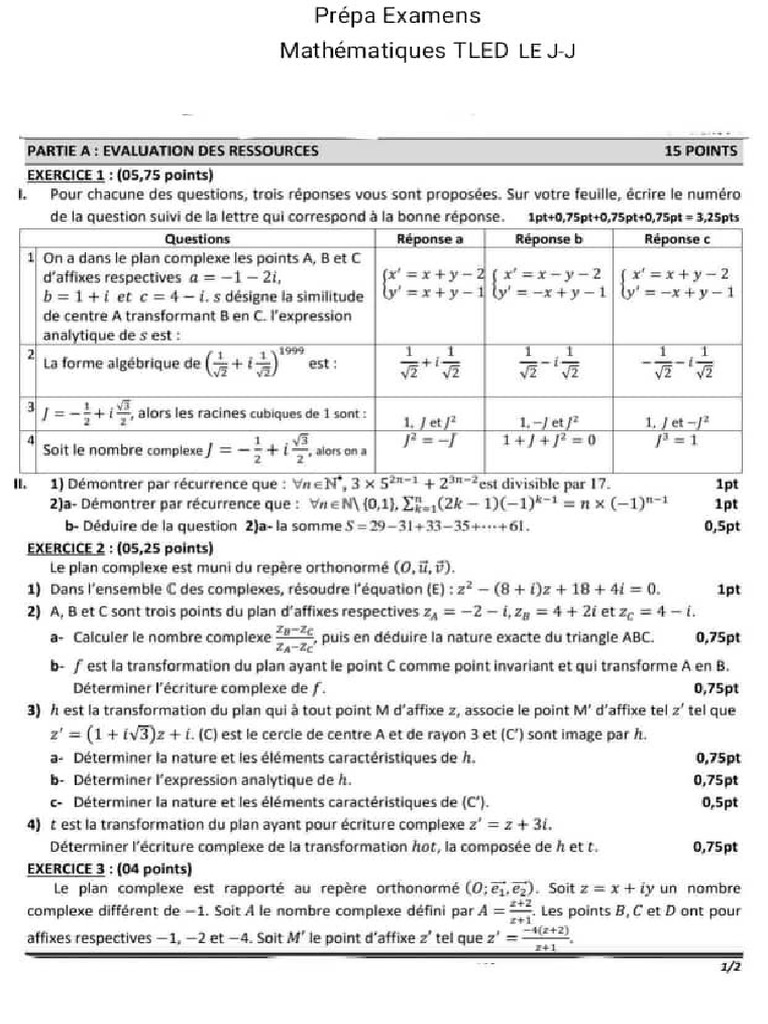 Prépa Examens Maths1 Tled Le J-J | PDF