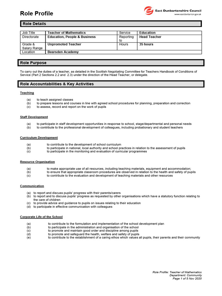 EAD07292 Role Profile | PDF | Teachers | Curriculum