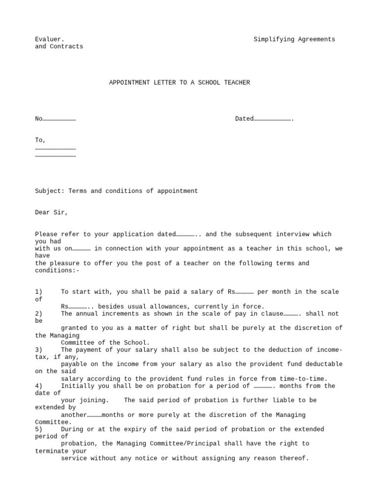 Appointment Letter To A School Teacher | PDF