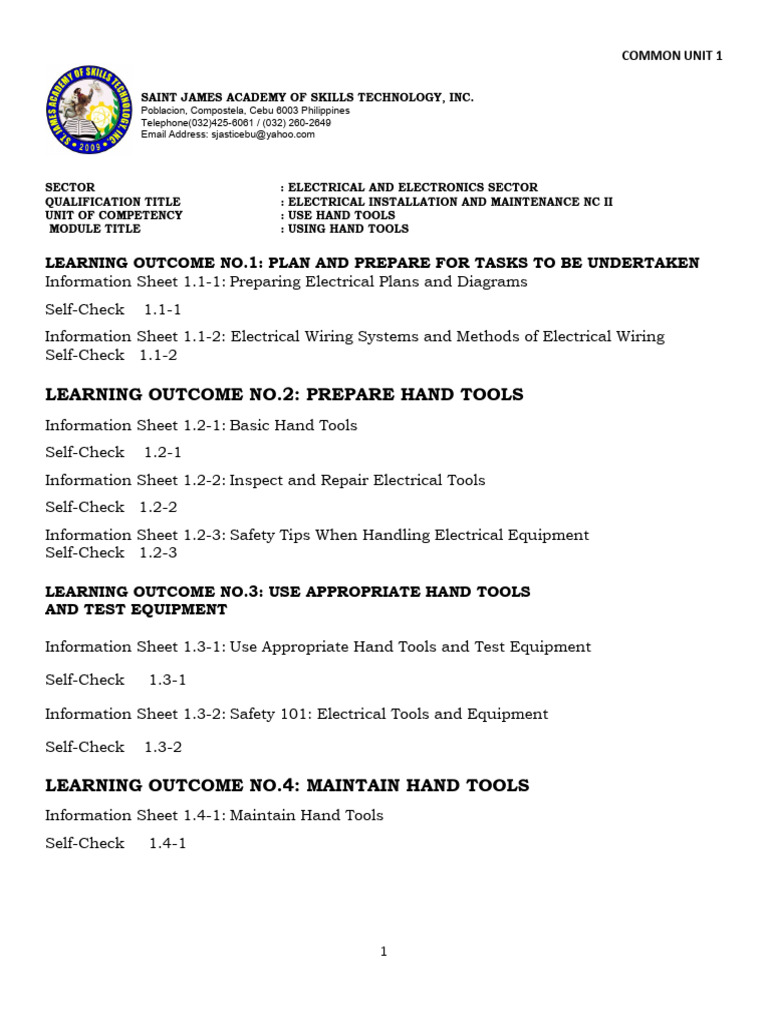 EIM COMMON UNIT 1 LO 1 2 3 4 Hand Tools - TYpes of Wiring | PDF ...