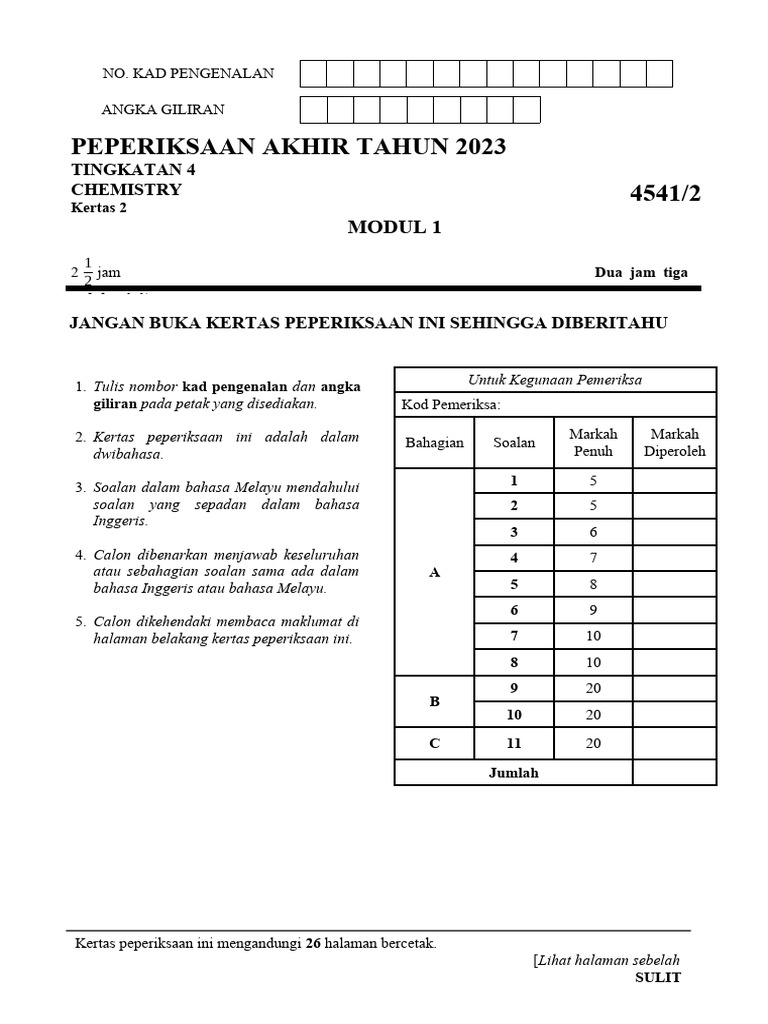 Soalan Peperiksaan Pat Kimia T4 2023 K3 Modul 1 | PDF